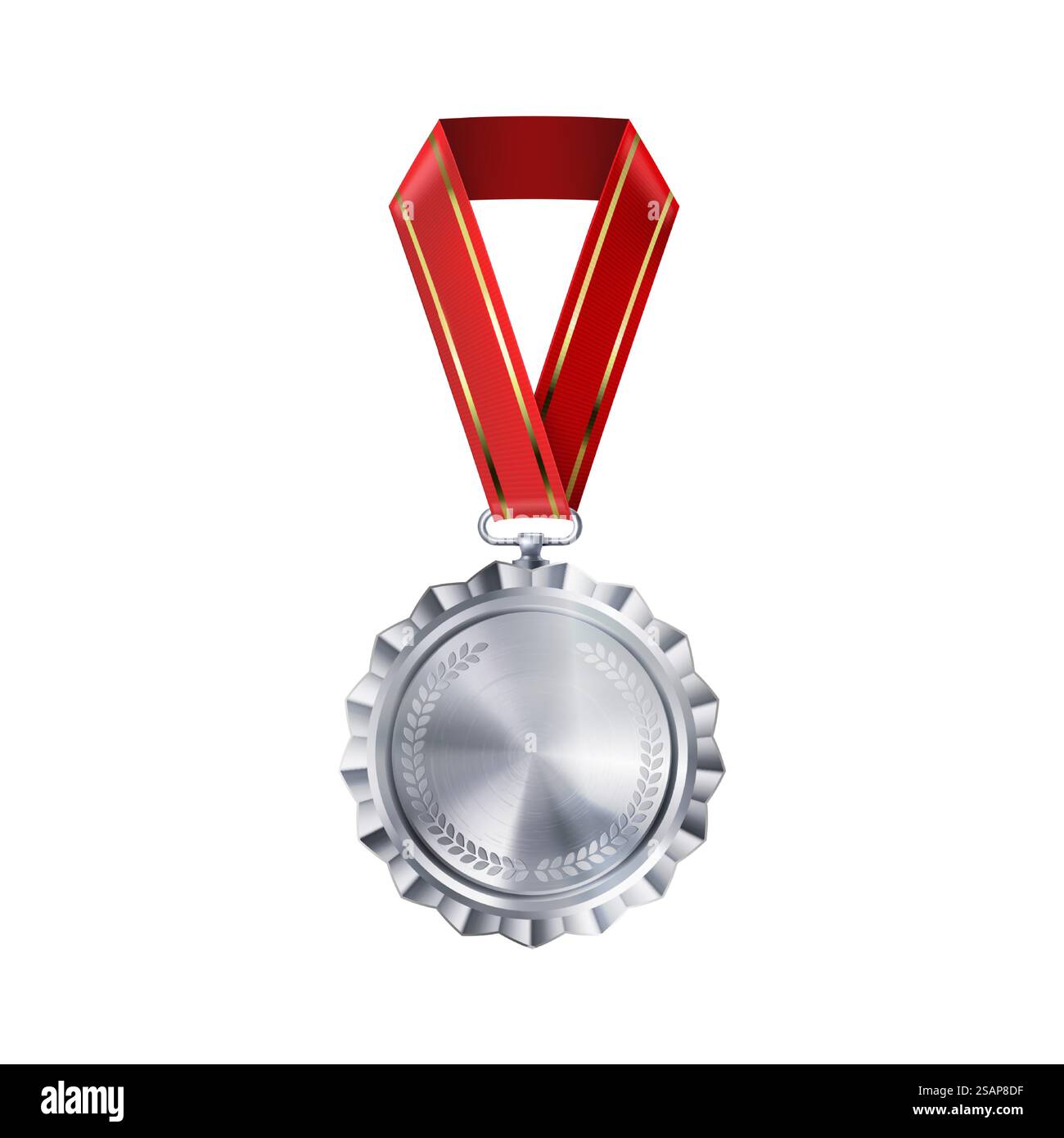 Realistic silver empty medal on red ribbon. Sports competition awards ...