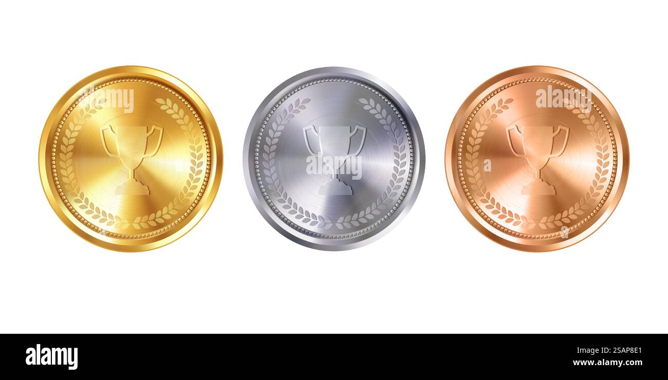 Gold, silver, and bronze cup shaped medals with engraved details ...