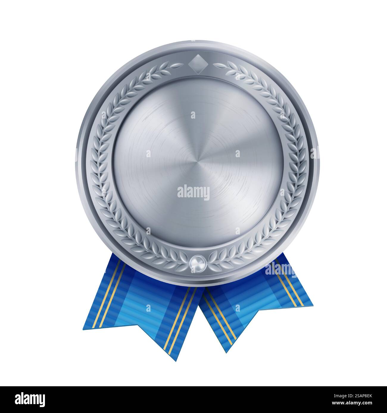Shiny realistic empty silver award medal with blue ribbons on white ...
