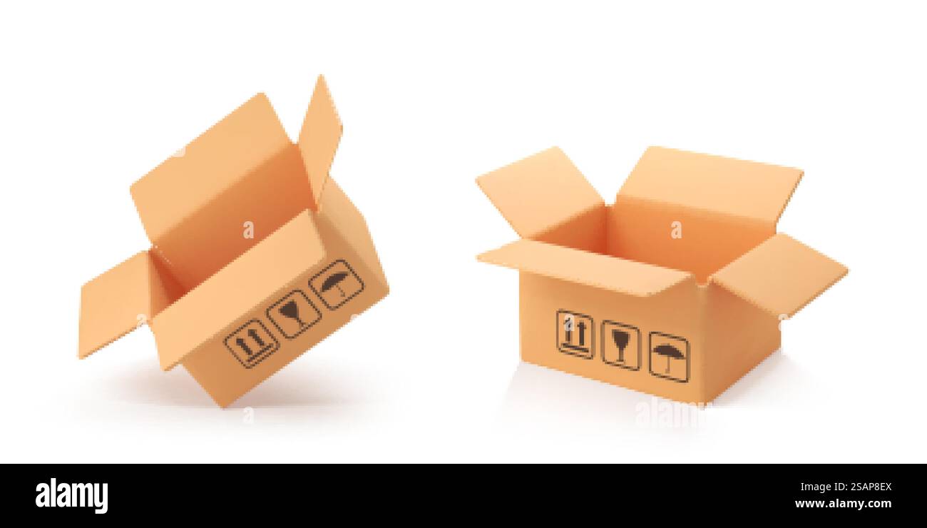 3D cardboard open box isolated on white background. Delivery cargo box ...