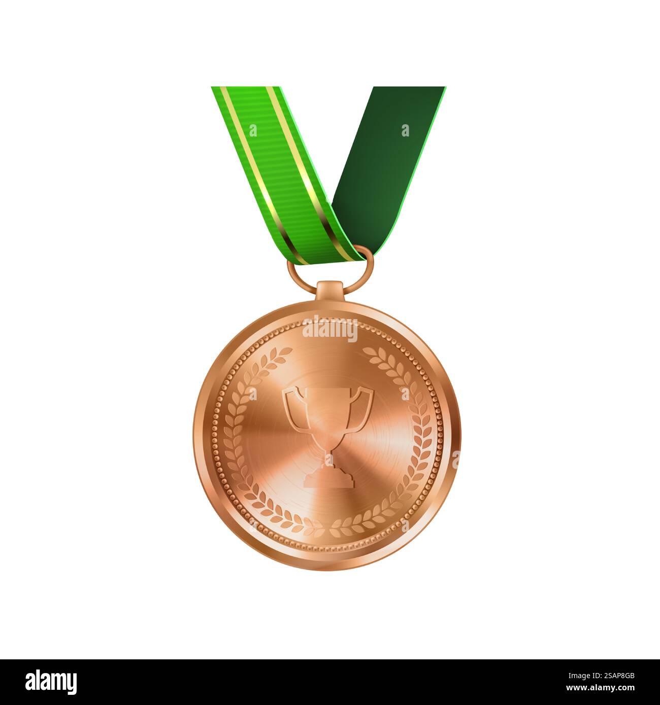 Realistic bronze medal on green ribbon. Sports competition awards for ...