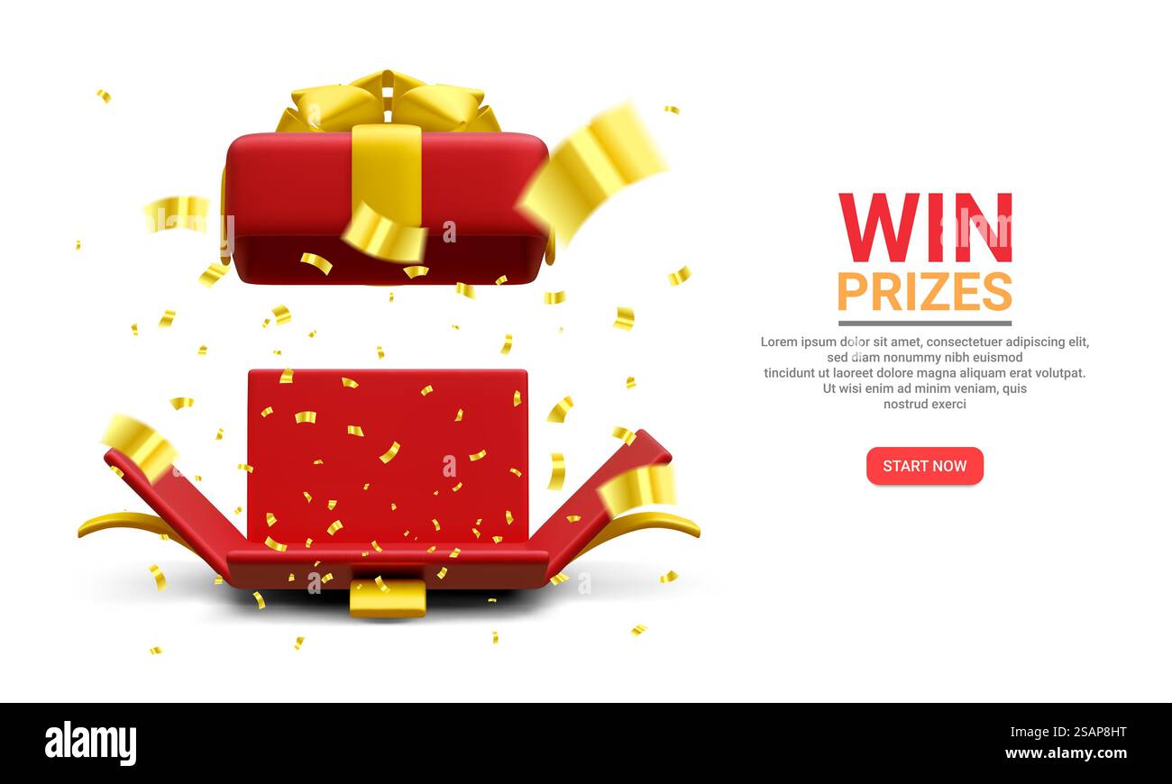 3d realistic open gift box and flying gold confetti on white background ...