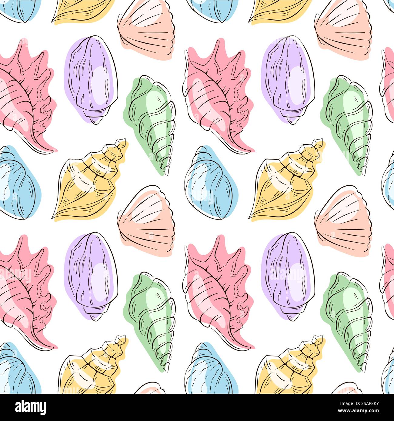 Seamless seashell pattern with shells in flat style. Hand drawn summer ...