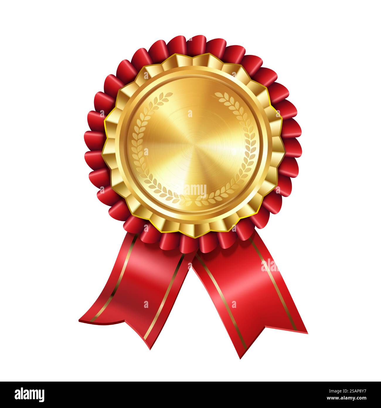 Shiny realistic empty gold award medal with red ribbon rosettes on ...