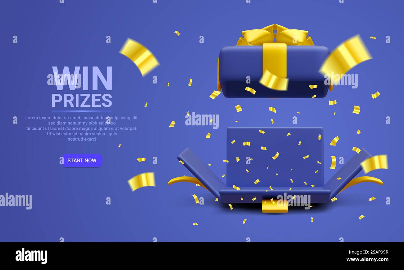 3d realistic open gift box and flying gold confetti on blue background ...