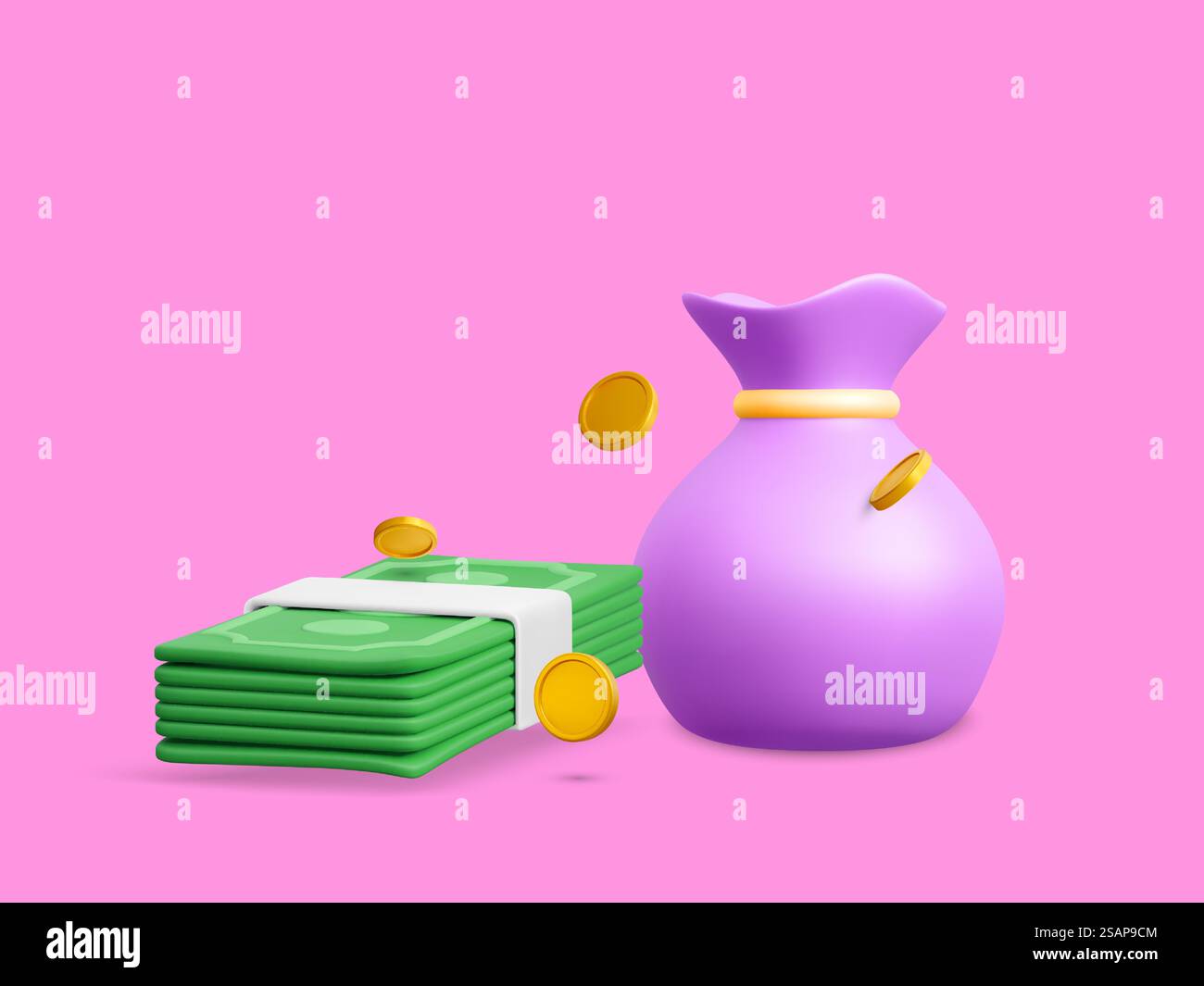 Money bag with falling gold coins and green currency stack in cartoon ...