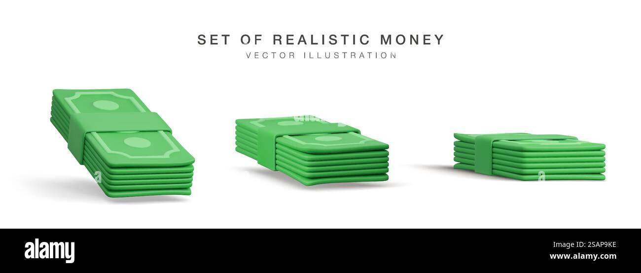 Set of 3D stack of dollar USA. Render green paper pack of money. Paper ...