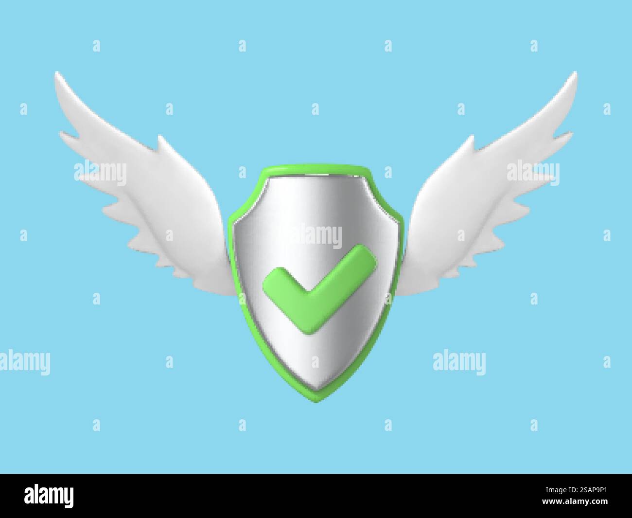 3D protective shield with wings isolated on blue background. Safety ...