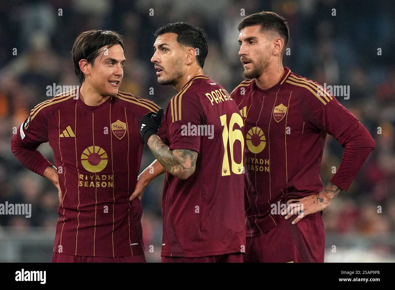 Rome, Italy. 30th Jan, 2025. Paulo Dybala, Leandro Paredes and Lorenzo Pellegrini of AS Roma ...