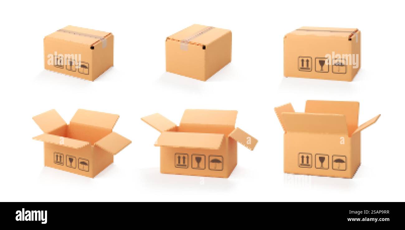 3D cardboard open and closed boxes isolated on white background ...