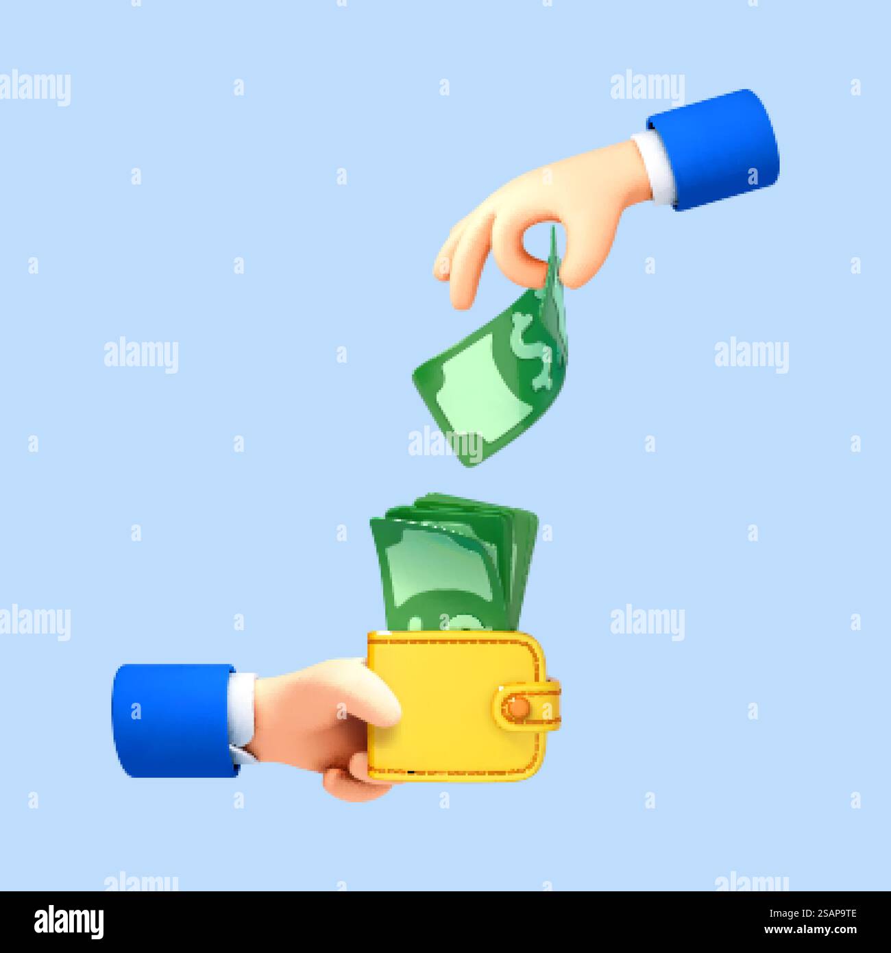 3D cartoon hand putting dollar bill in wallet isolated on blue ...