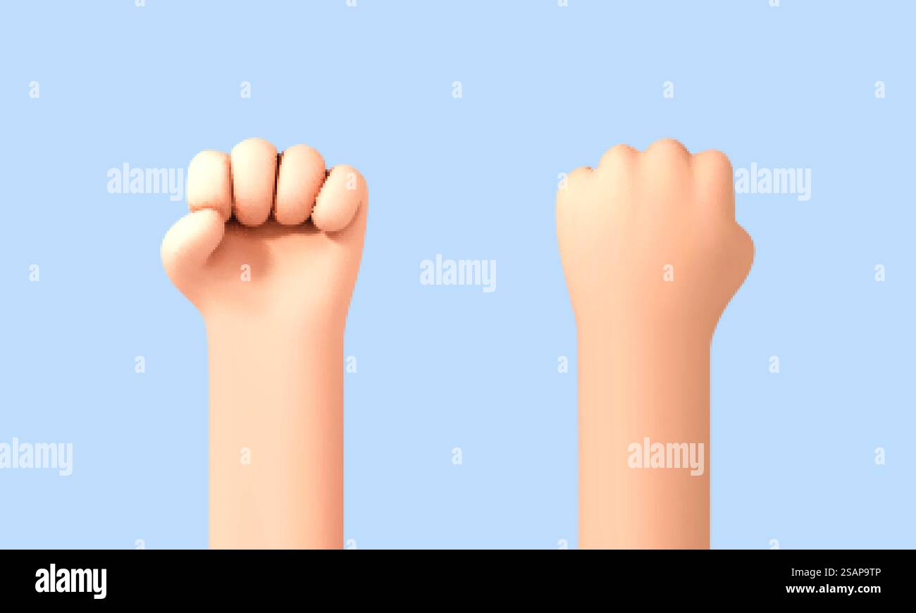 3D cartoon hand fist raised up isolated on blue background. Revolution ...