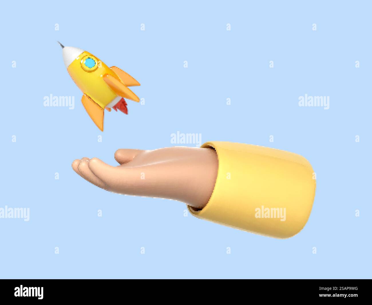 3D cartoon hand holding a rocket taking off. Human hand with rocket ...