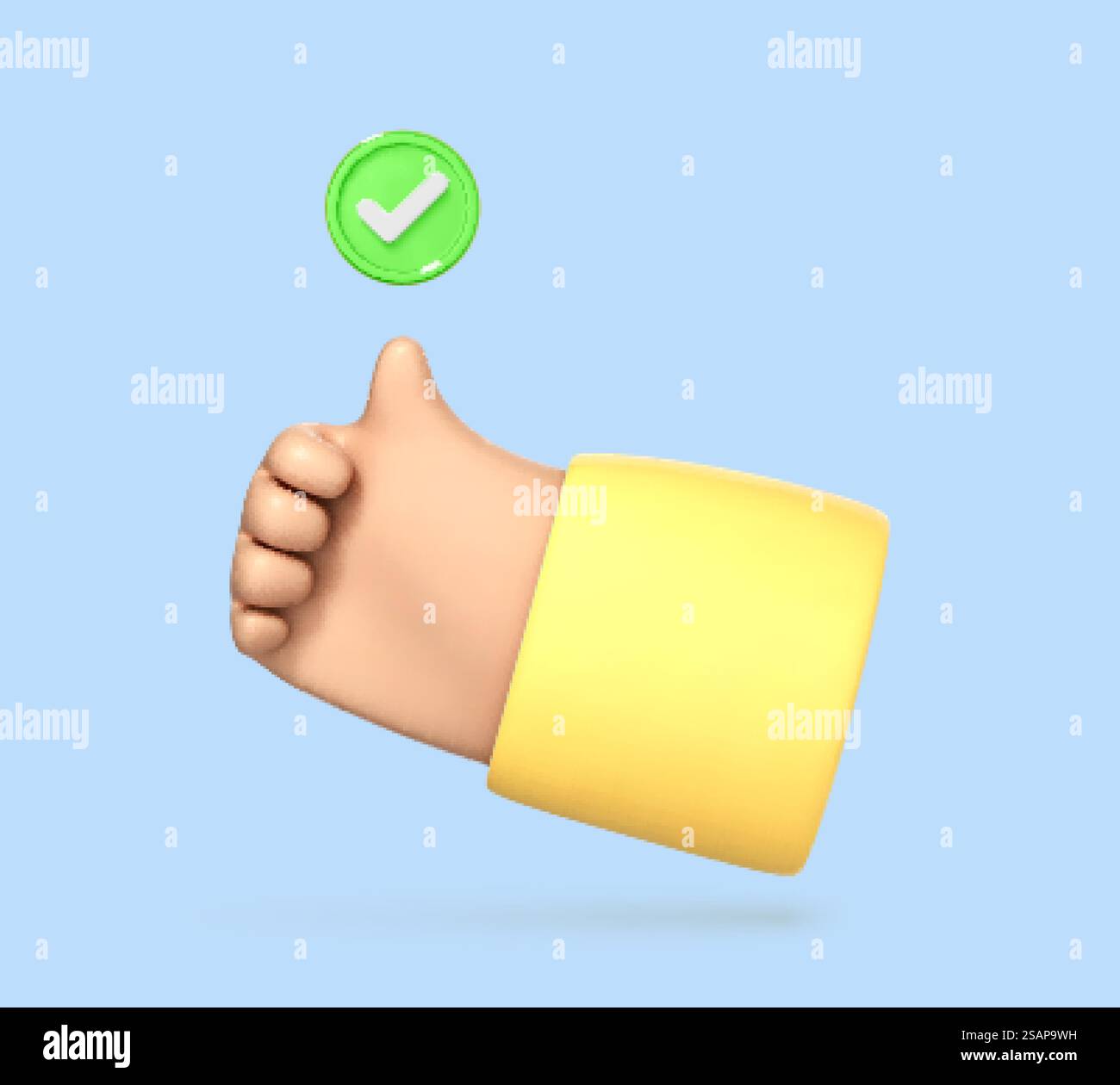 3D cartoon thumb up hand gesture and green check mark icon isolated on ...