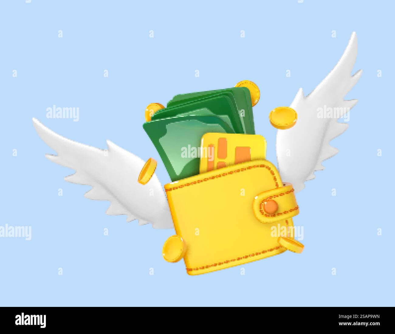 3D flying wallet with dollar banknotes and coins. Cash in purse with ...