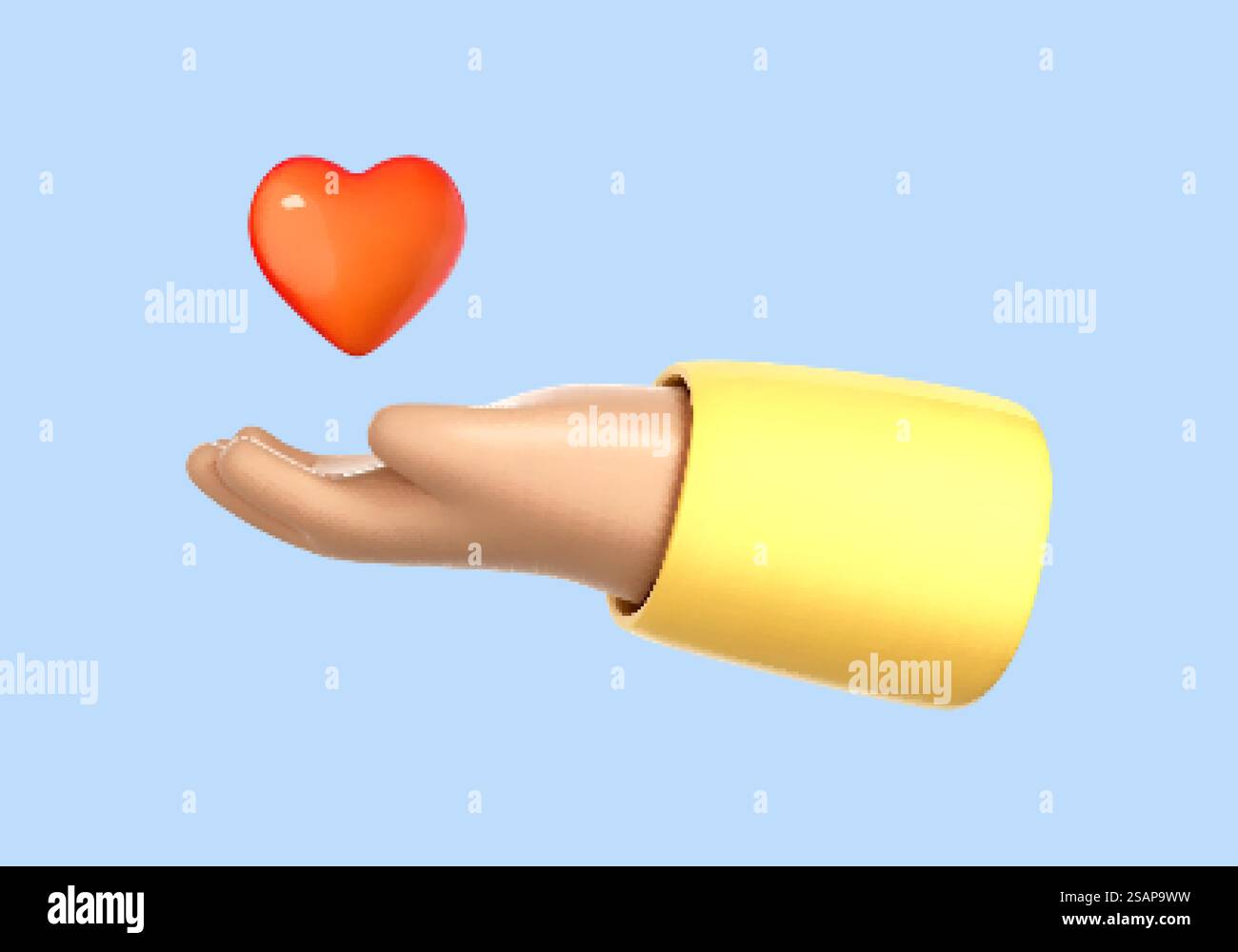 3D cartoon hand with red heart isolated on blue background. Concept of ...