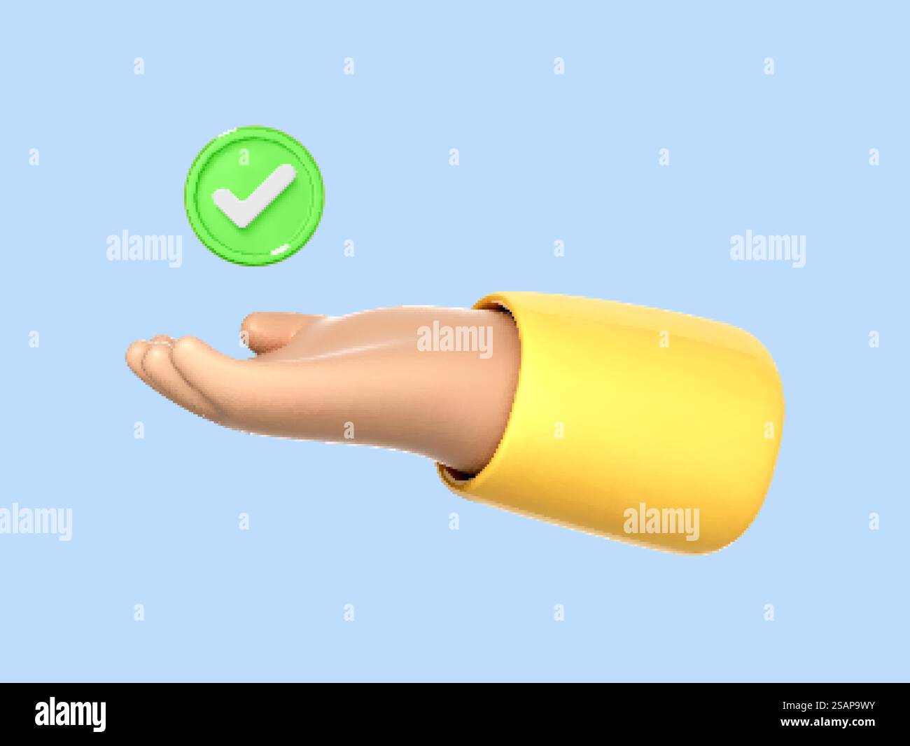 3D cartoon hand holding green check mark icon. Hand holds a done sign ...