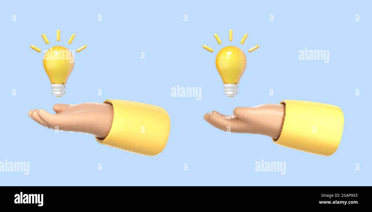 3D cartoon hand holding a light bulb isolated on blue background ...