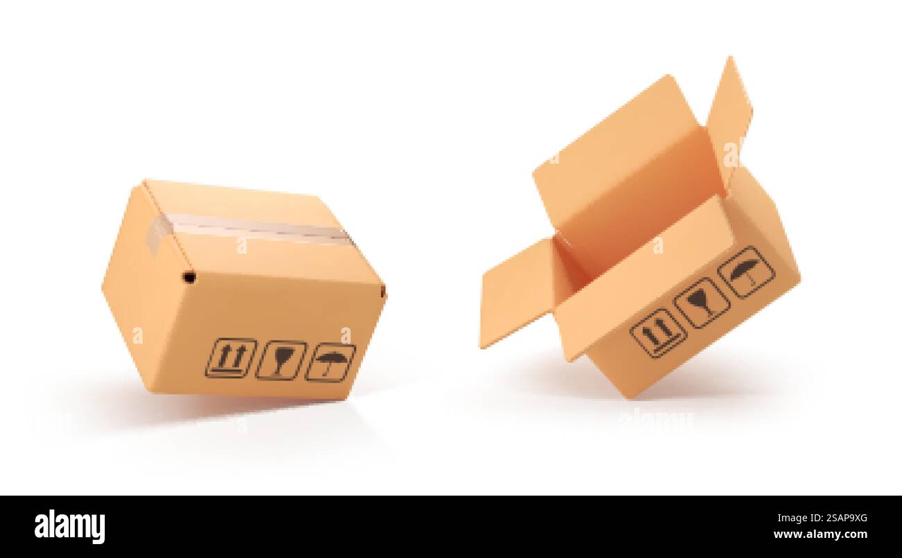 3D cardboard open and closed box isolated on white background. Delivery ...