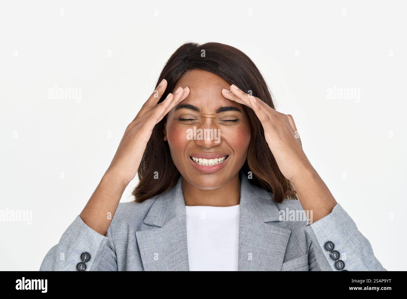 Stressed young African American business woman feeling headache ...