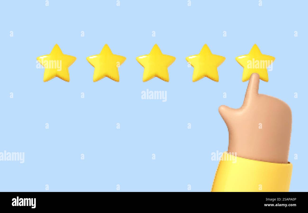 3d cartoon hand clicks on a five star rating. Concept of a positive ...