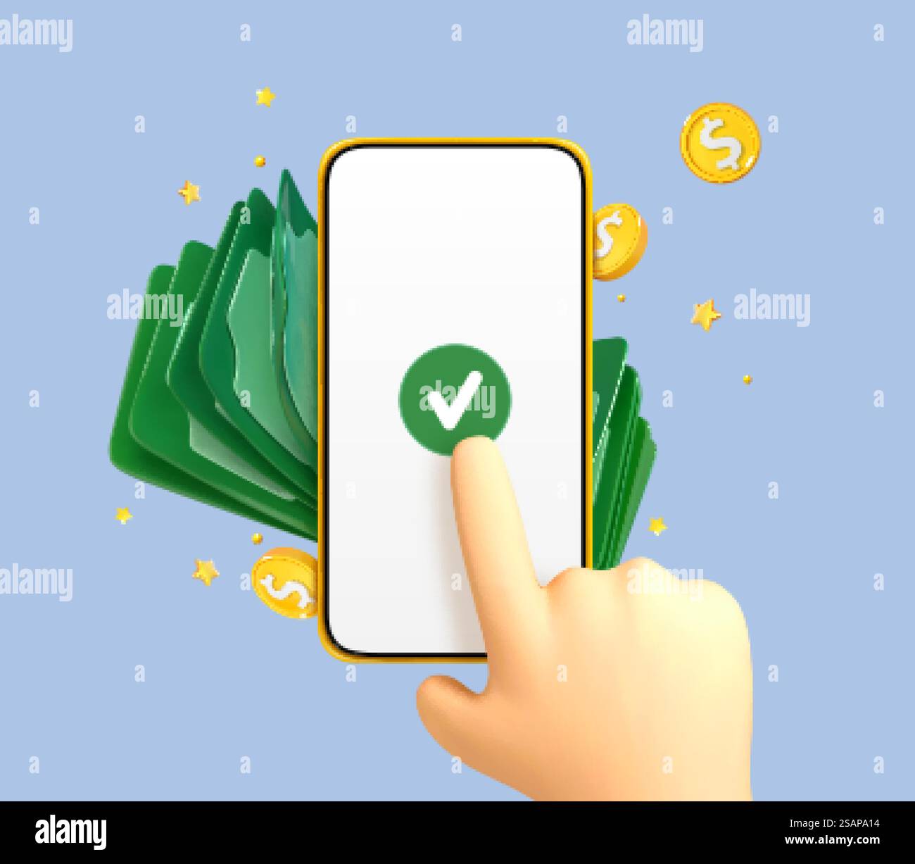 3D cartoon finger touching screen of smartphone with coins and dollar ...