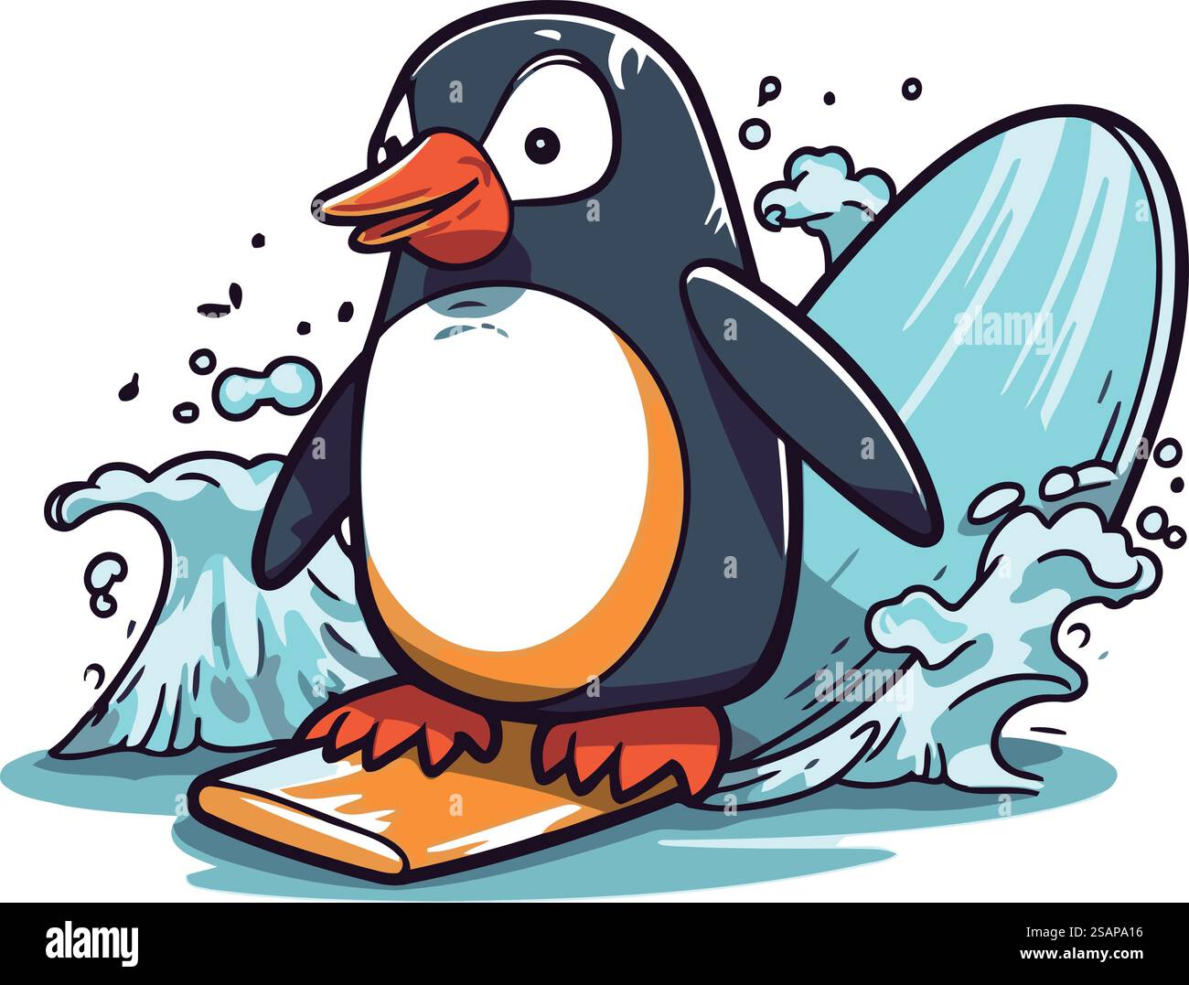 Cartoon penguin surfing on a wave. Vector illustration on white ...