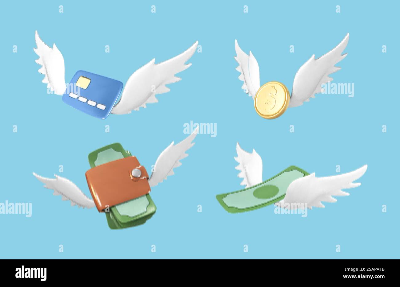 3D wallet, credit card, gold coin and dollar bill with wings isolated ...