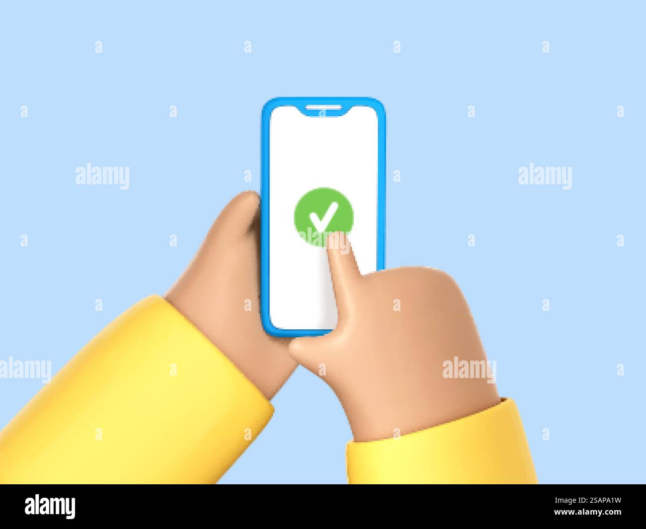 3D cartoon hand holding smartphone with green check mark. Check mark on ...