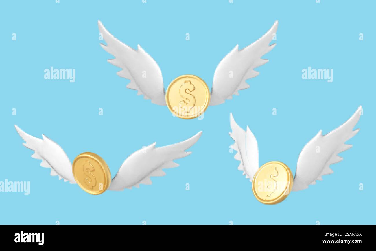 3D flying golden coins with wings isolated on blue background. Vector ...