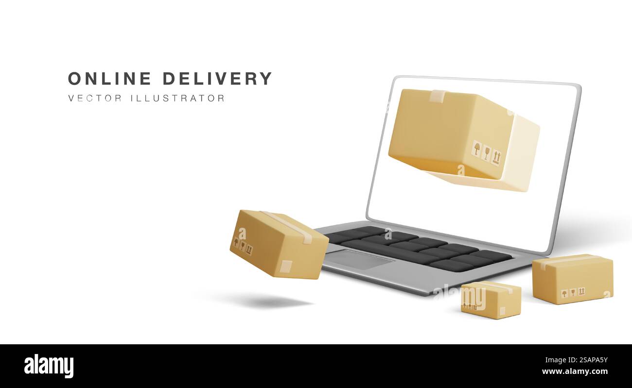 Online delivery banner with 3d realistic laptop and parcels in ...