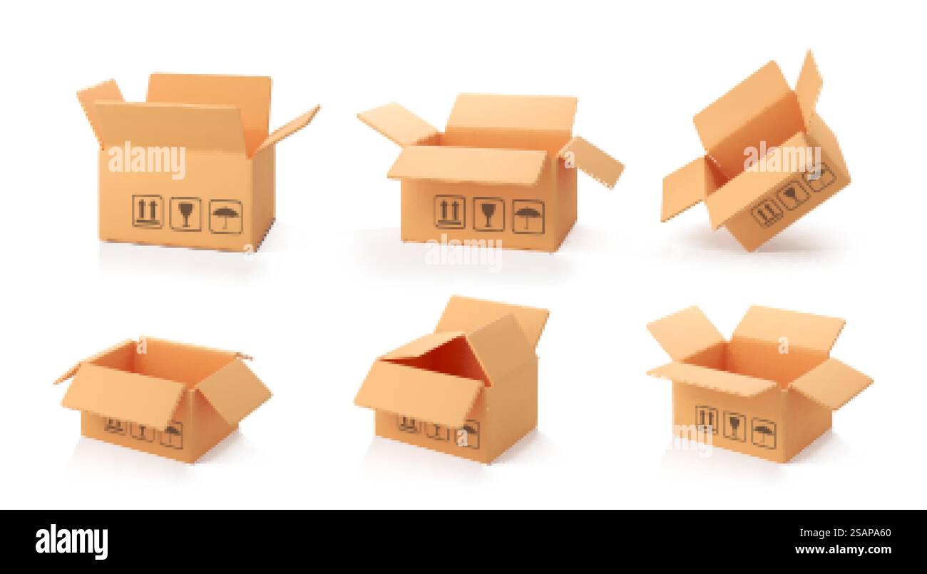 3D cardboard open boxes isolated on white background. Delivery cargo ...