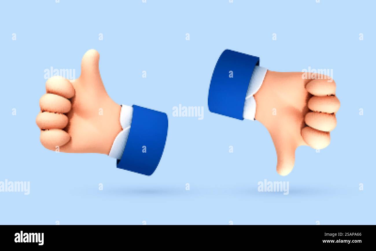 3D cartoon hand with thumb up and down gesture. Vote or rating signs ...