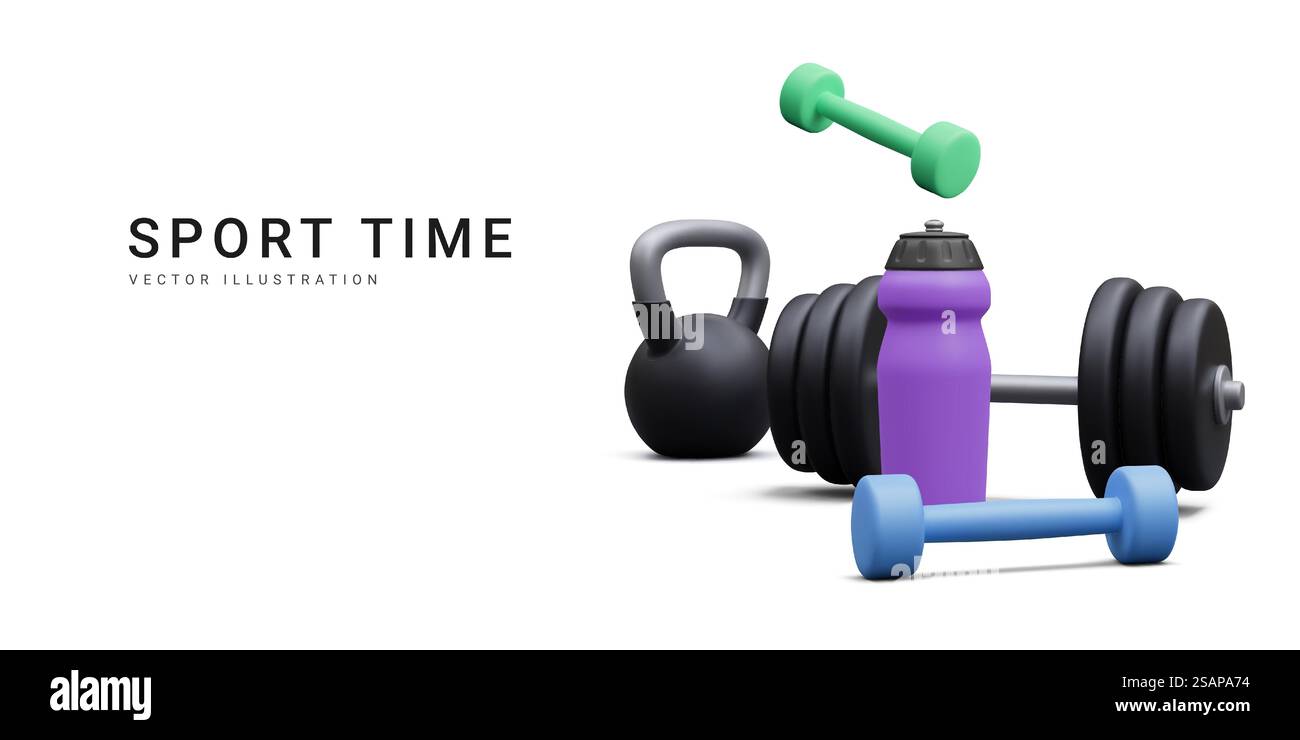 3d realistic banner with kettlebell, dumbbells and bottle isolated on white background. Vector ...