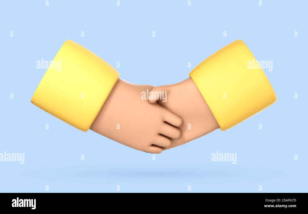 3D cartoon handshake icon on blue background. Business concept of partnership, cooperation ...