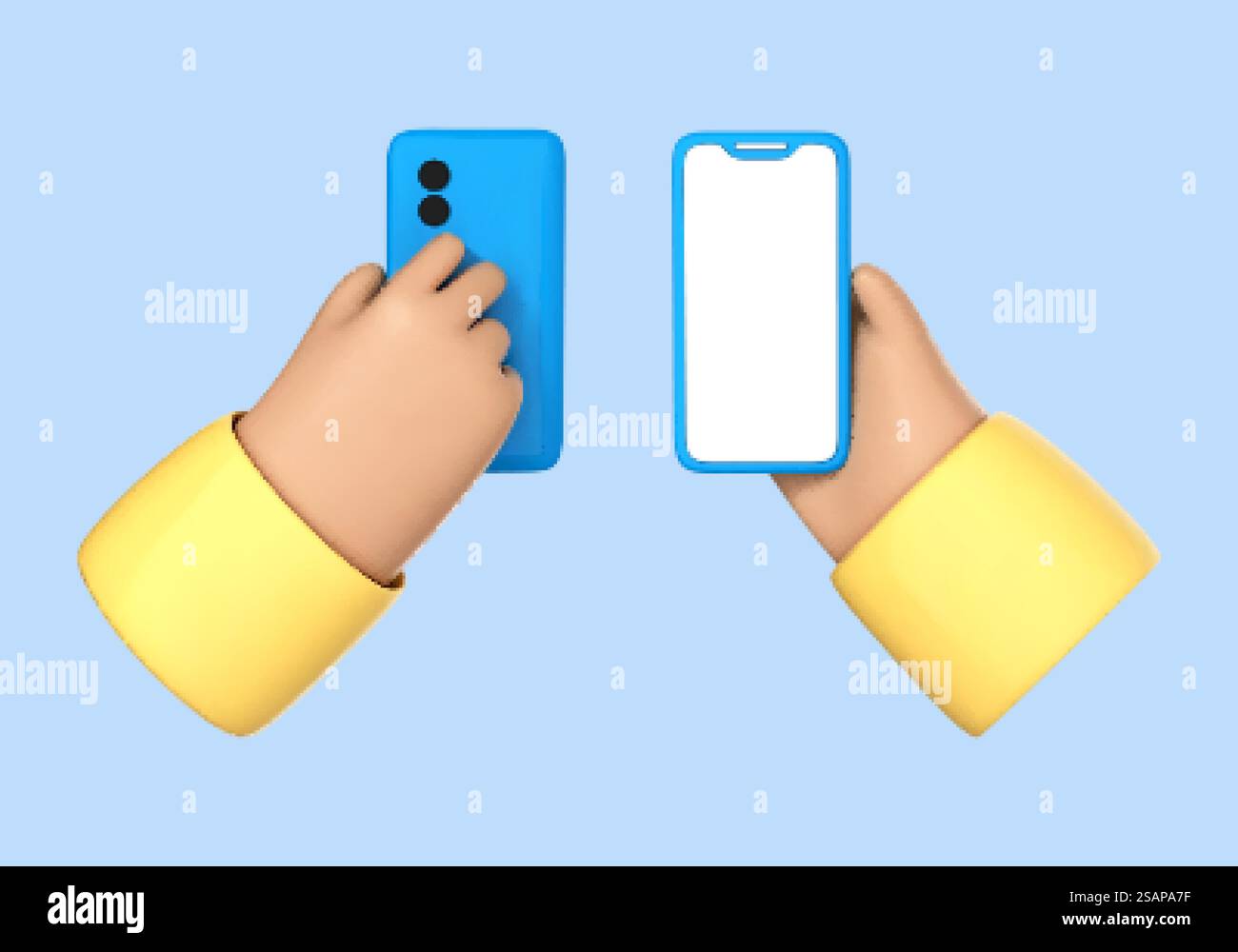 3D cartoon hand hold smartphone isolated on blue background. Human hand ...