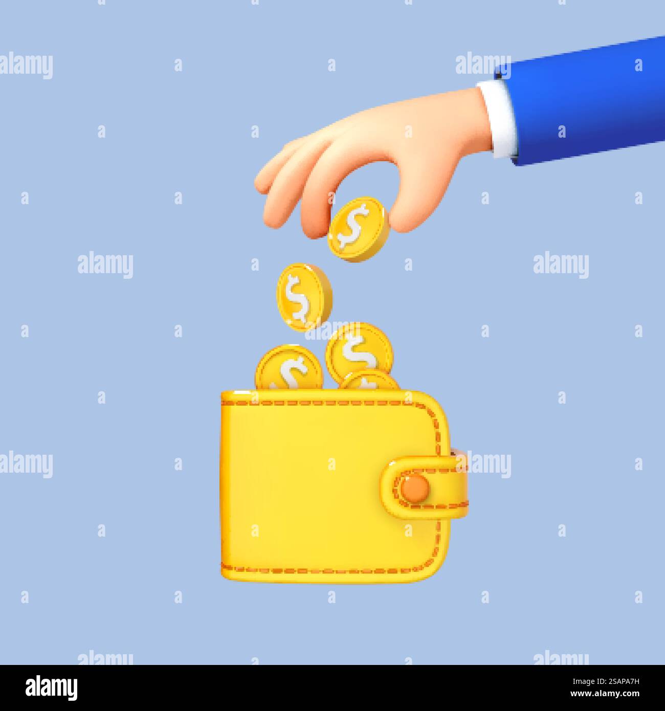3D cartoon hand putting coin in wallet isolated on blue background ...