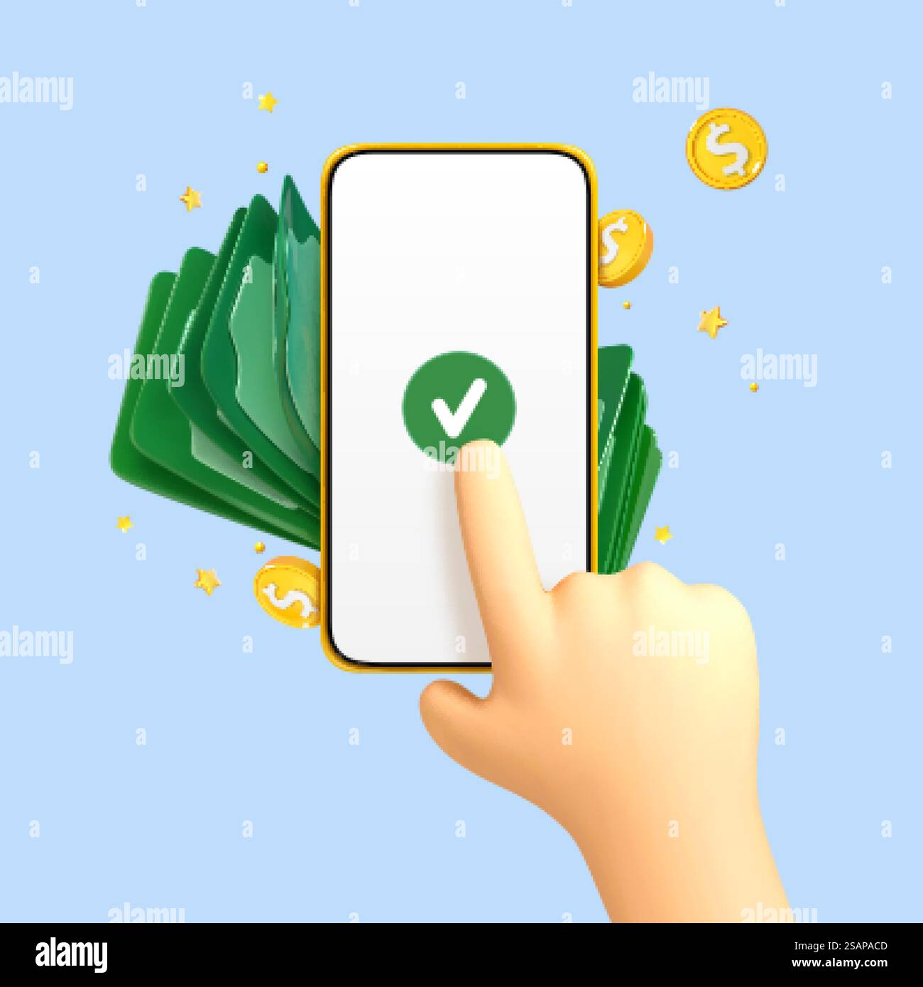 3D cartoon finger touching screen of smartphone with coins and dollar ...