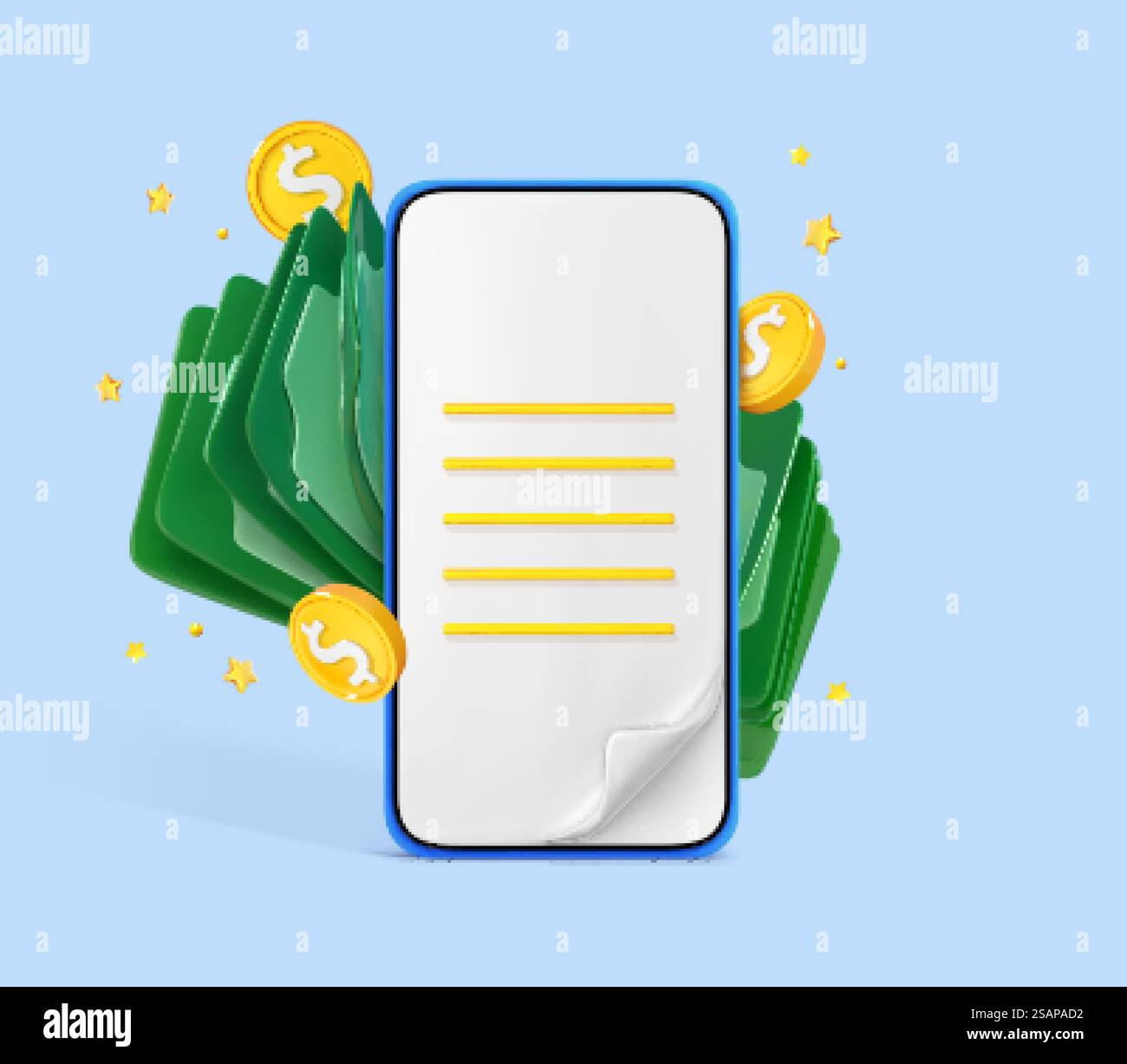 3D cartoon smartphone with coins and dollar bills. Online payment ...