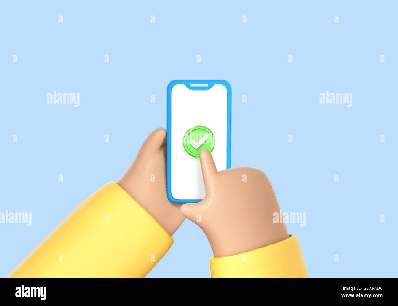 3D cartoon hand holding smartphone with green check mark. Check mark on ...
