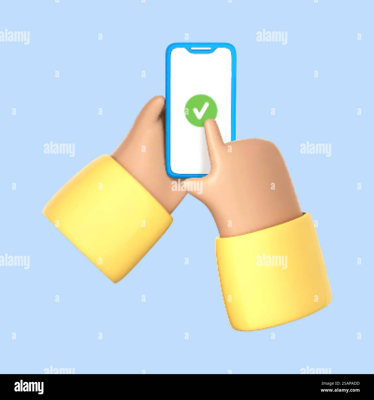 3D cartoon hand holding smartphone with green check mark. Check mark on ...