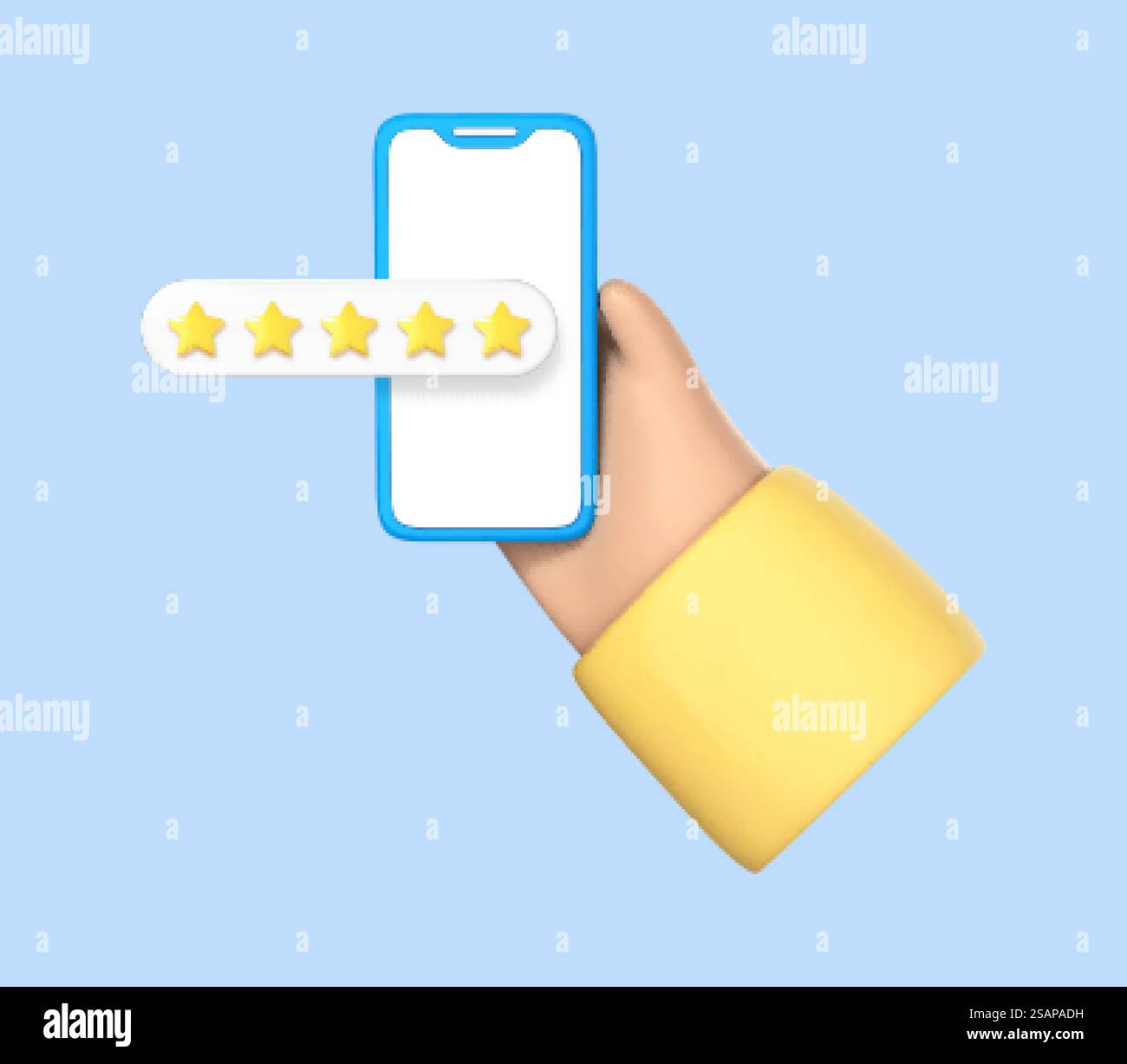 3D cartoon hand holding with five star rating on smartphone. Phone with ...