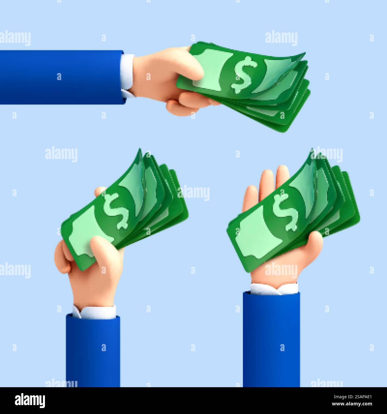 3D cartoon hands holds dollar bills. Concept of financial operation ...
