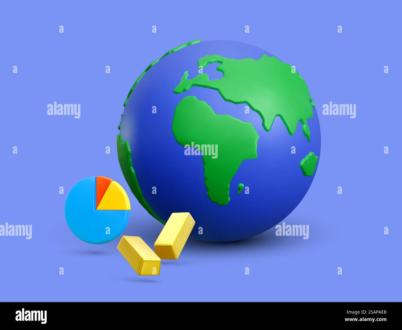 Realistic 3d planet Earth with gold bars and round graph on blue ...