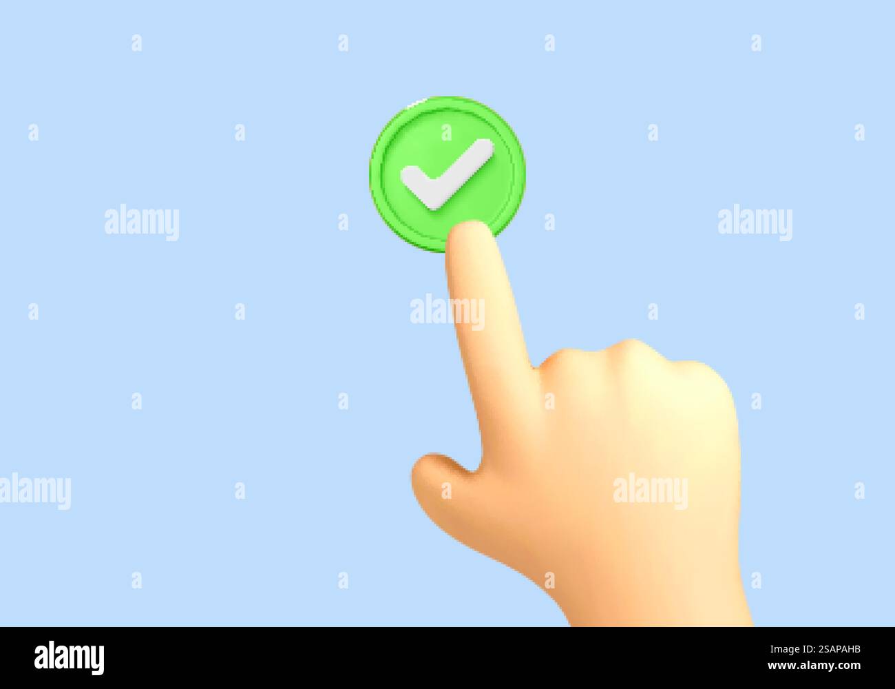 3D cartoon hand presses green button with check mark. Accepting, agree ...