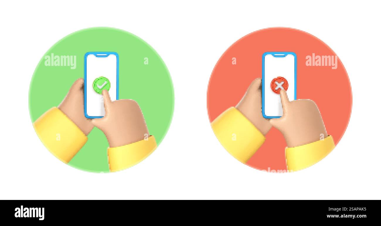 3D cartoon hands holding smartphones with checkmarks. Approve and ...