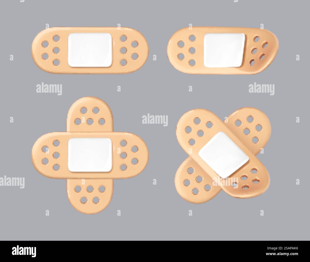 3D cartoon medical plaster icons. Sticky medic bandage. Medic recovery patch. Beige adhesive ...