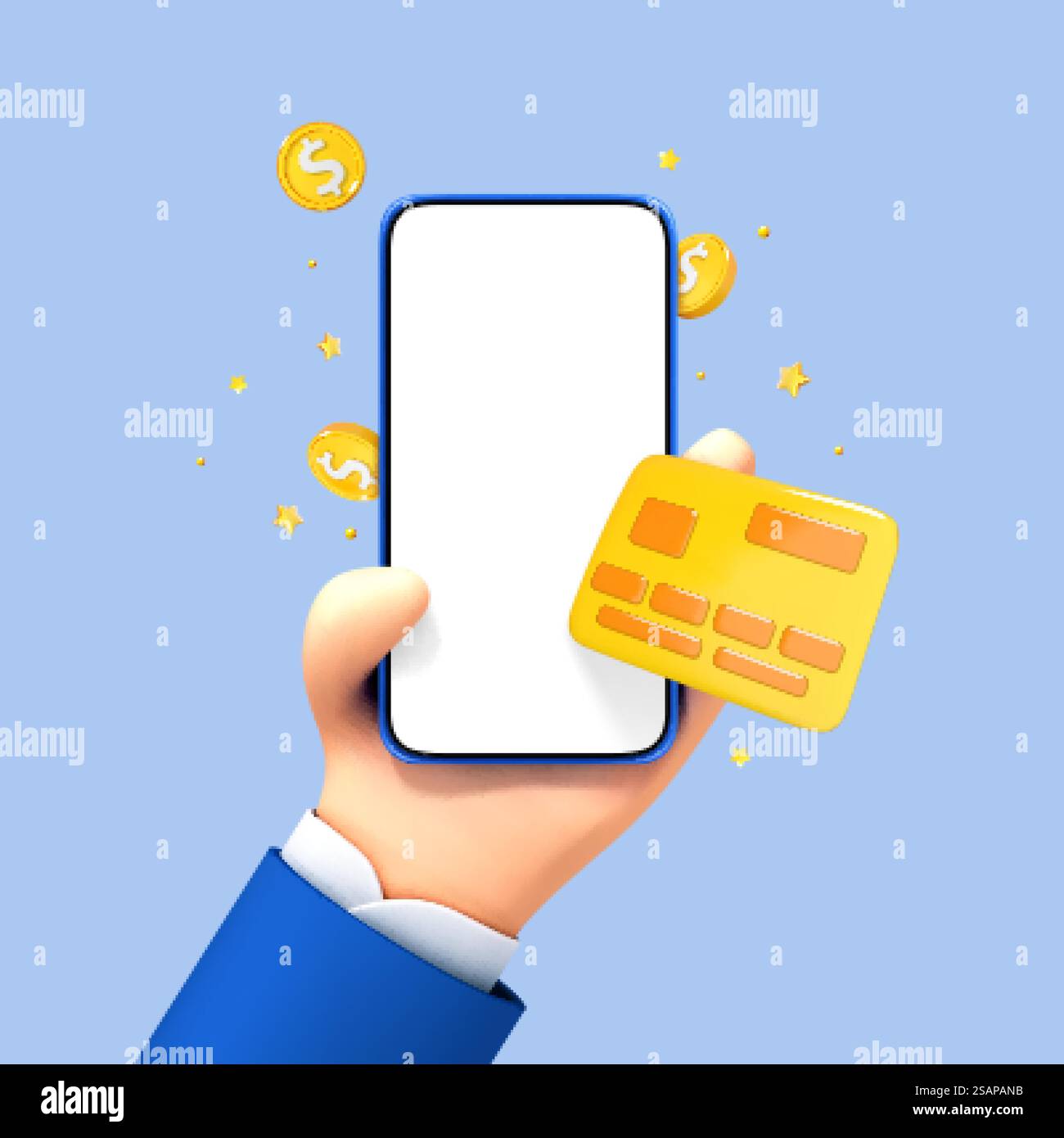 3D cartoon hand holding phone with credit card and coins. Online payment concept. Transfer and ...