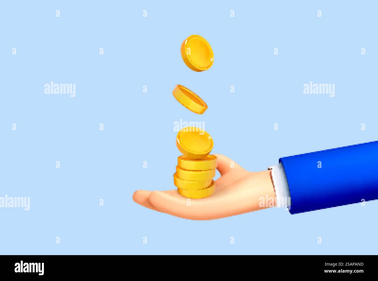 Cartoon hand holding falling coins isolated on blue background. Vector ...
