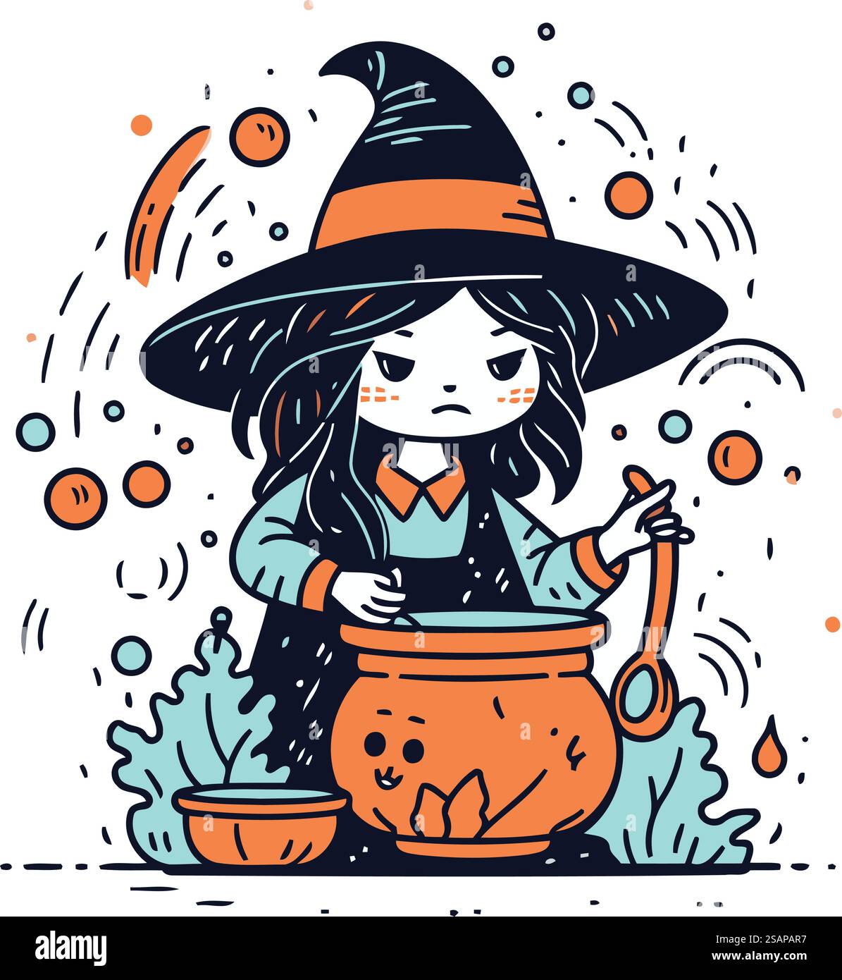 Cute little witch with a pot of potion. Vector illustration Stock ...